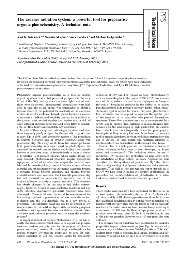 (PDF) The excimer radiation system: A powerful tool for preparative ...