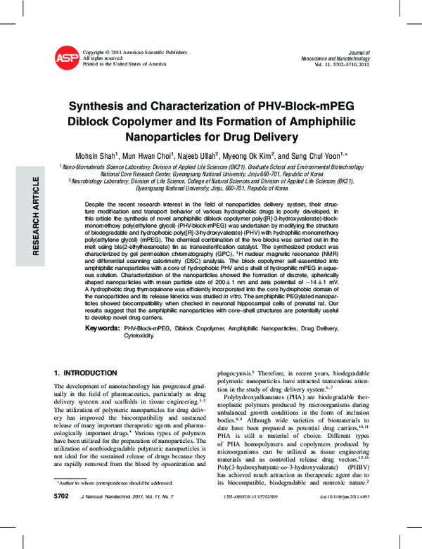 (PDF) Synthesis and Characterization of PHV-Block-mPEG Diblock Copolymer and Its Formation of ...