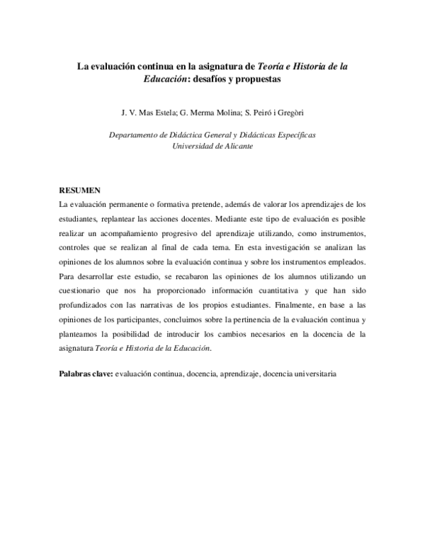 (PDF) La evaluación continua en la asignatura de "Teoría e Historia de la Educación": desafíos y ...
