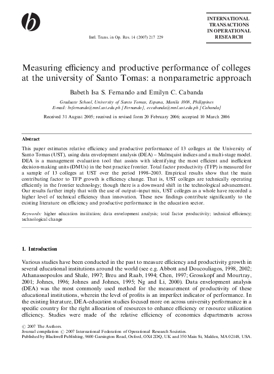 (PDF) Measuring efficiency and productive performance of colleges at the university of Santo ...