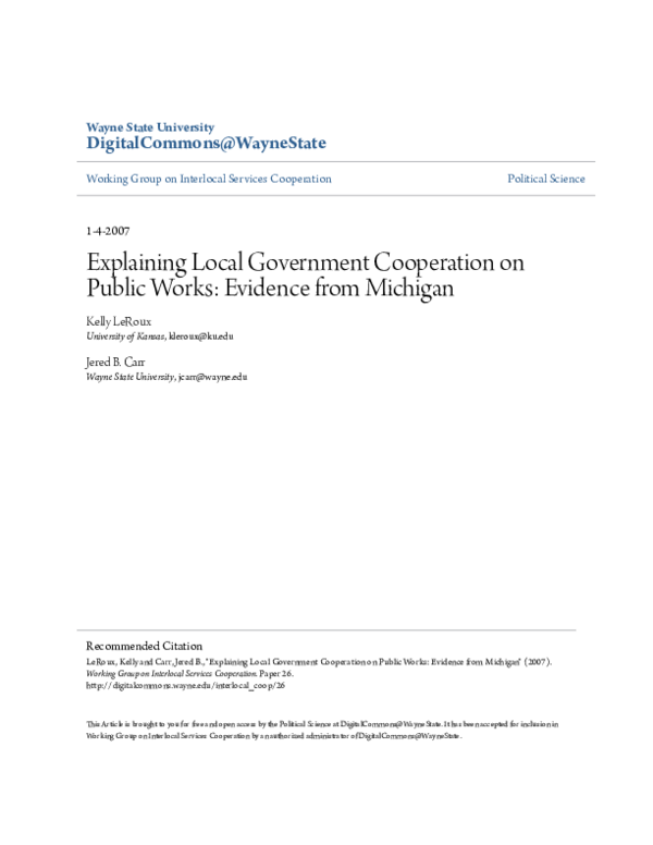 (PDF) Explaining Local Government Cooperation on Public Works