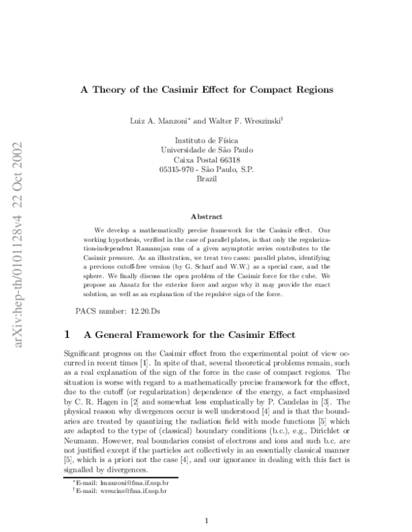 (PDF) A theory of the Casimir effect for compact regions | Luiz A . Manzoni - Academia.edu