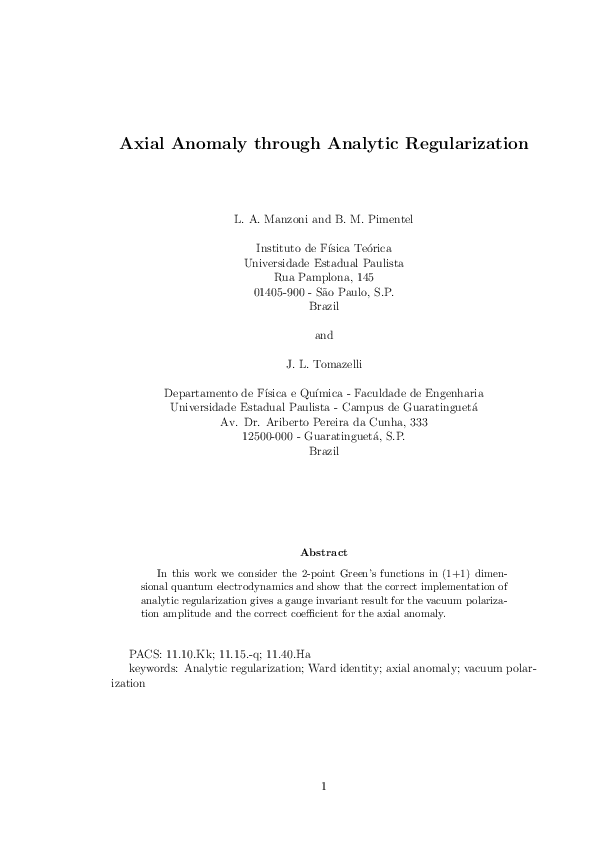 (PDF) Axial Anomaly Through Analytic Regularization