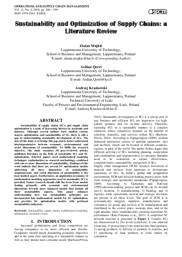 (PDF) Sustainability and Optimization of Supply Chains: a Literature Review