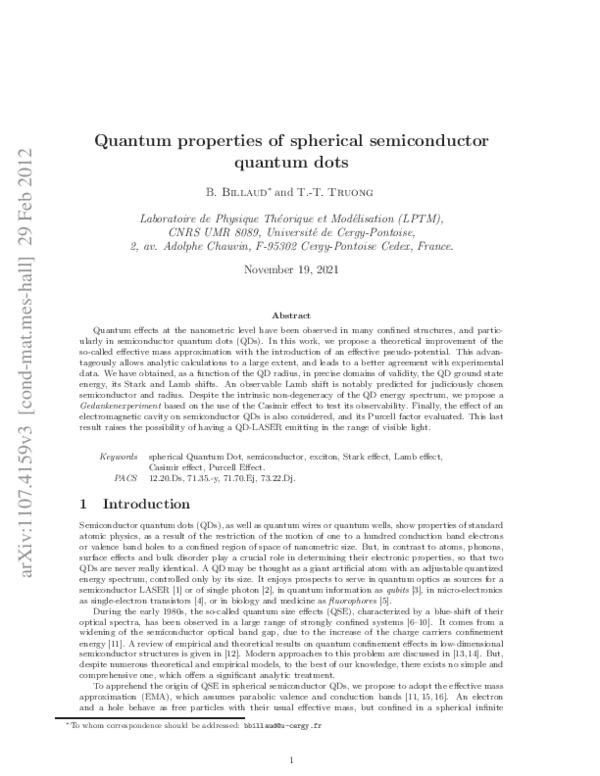 (PDF) Quantum properties of spherical semiconductor quantum dots