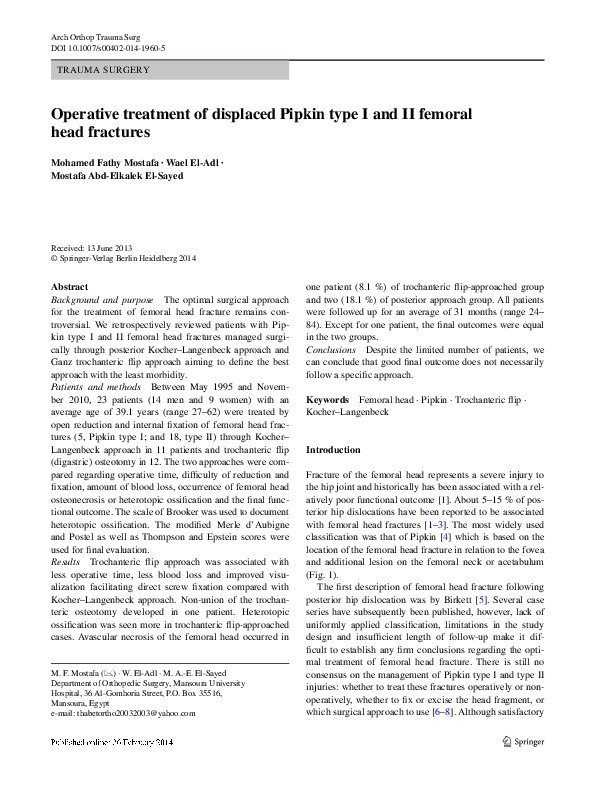 (PDF) Operative treatment of displaced Pipkin type I and II femoral ...