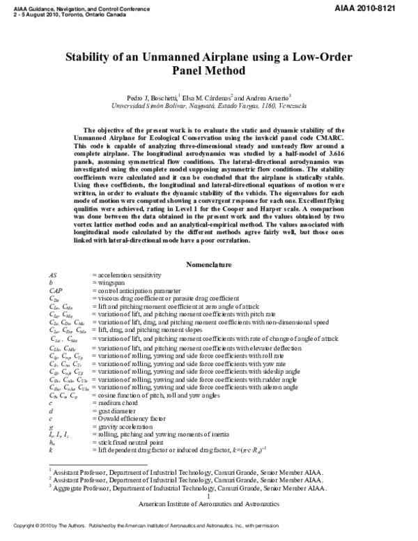 (PDF) Stability of an Unmanned Airplane Using a Low-Order Panel Method