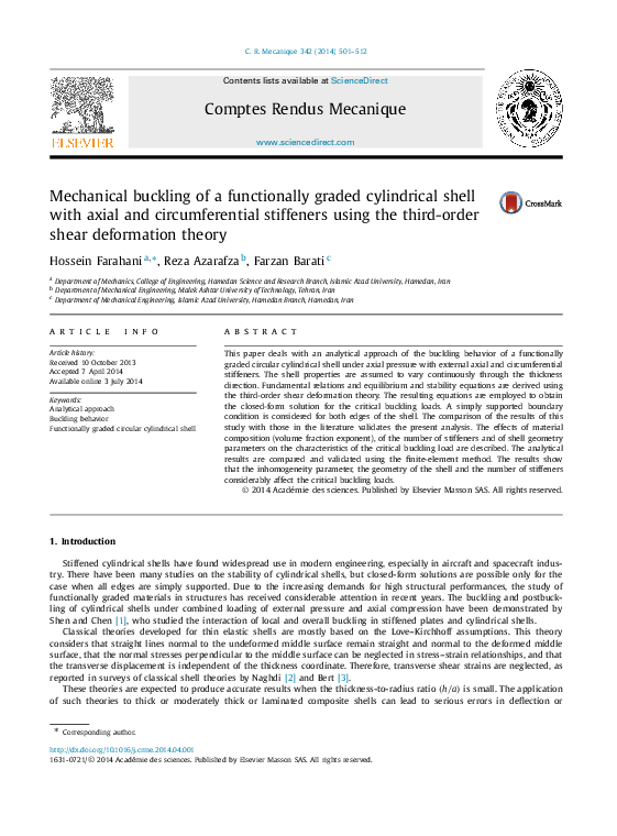 (PDF) Mechanical Buckling of Functionally Graded Cylindrical Shells Based on the First Order ...