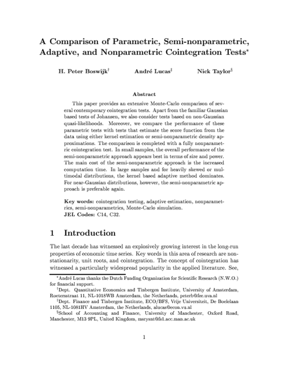 (PDF) A Comparison of Parametric, Semi-Nonparametric, Adaptive, and Nonparametric Cointegration ...