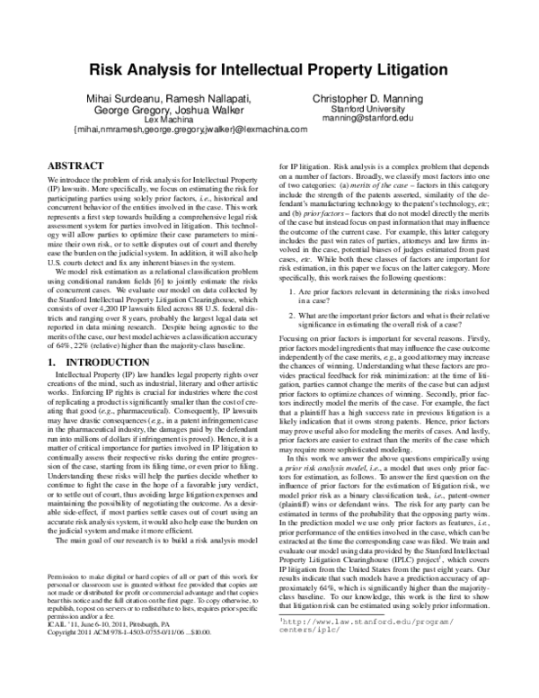 (PDF) Risk analysis for intellectual property litigation