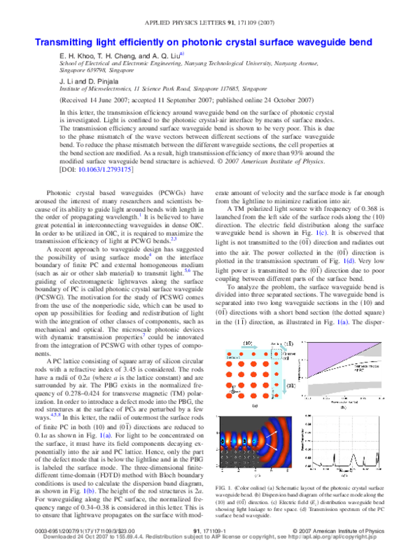 (PDF) Transmitting light efficiently on photonic crystal surface waveguide bend