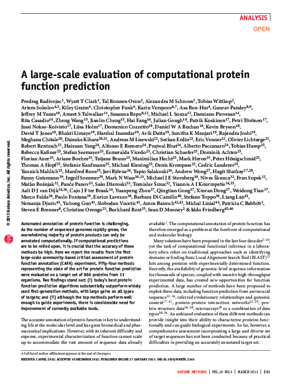 Pdf A Large Scale Evaluation Of Computational Protein Function Prediction