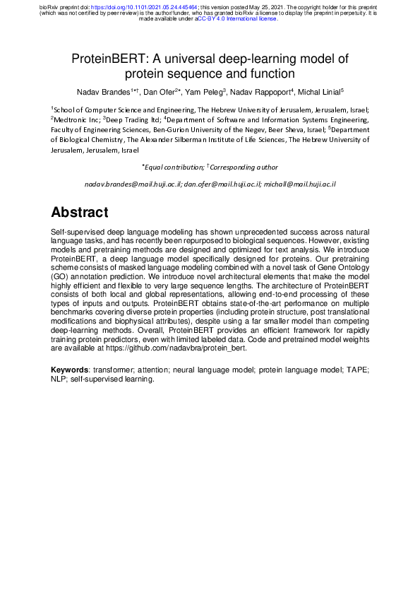 (PDF) ProteinBERT: A universal deep-learning model of protein sequence ...