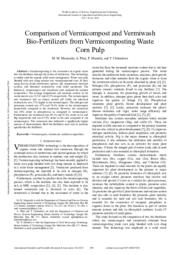 (PDF) Comparison Of Vermicompost And Vermiwash Bio-Fertilizers From ...