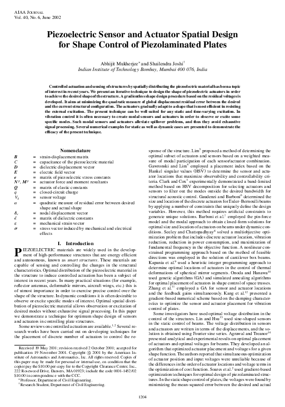 (PDF) Piezoelectric Sensor and Actuator Spatial Design for Shape ...
