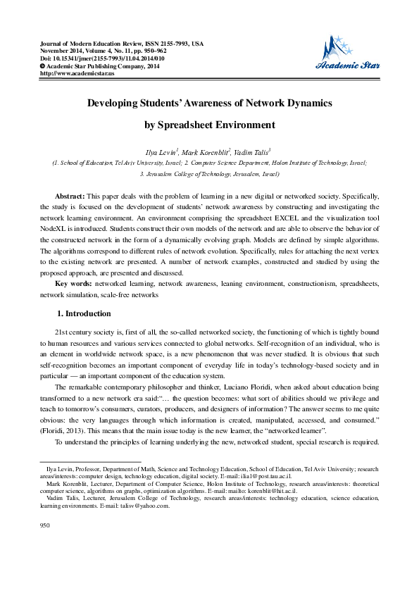 (PDF) Developing Students' Awareness of Network Dynamics by Spreadsheet Environment