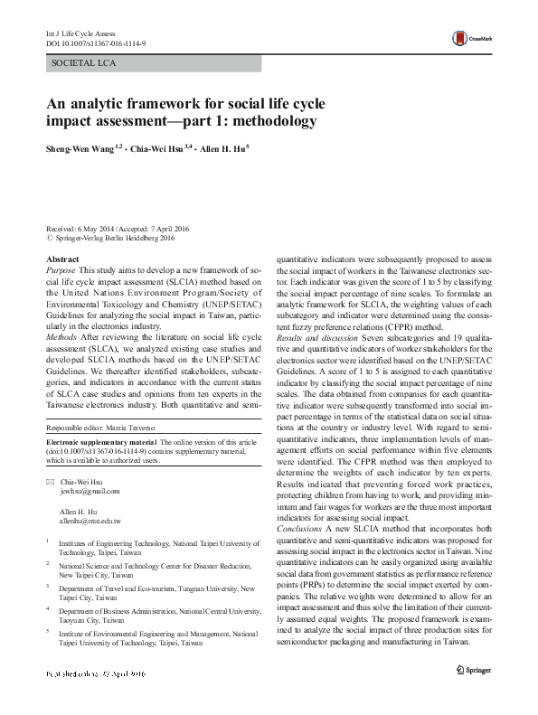 (PDF) An analytic framework for social life cycle impact assessment ...