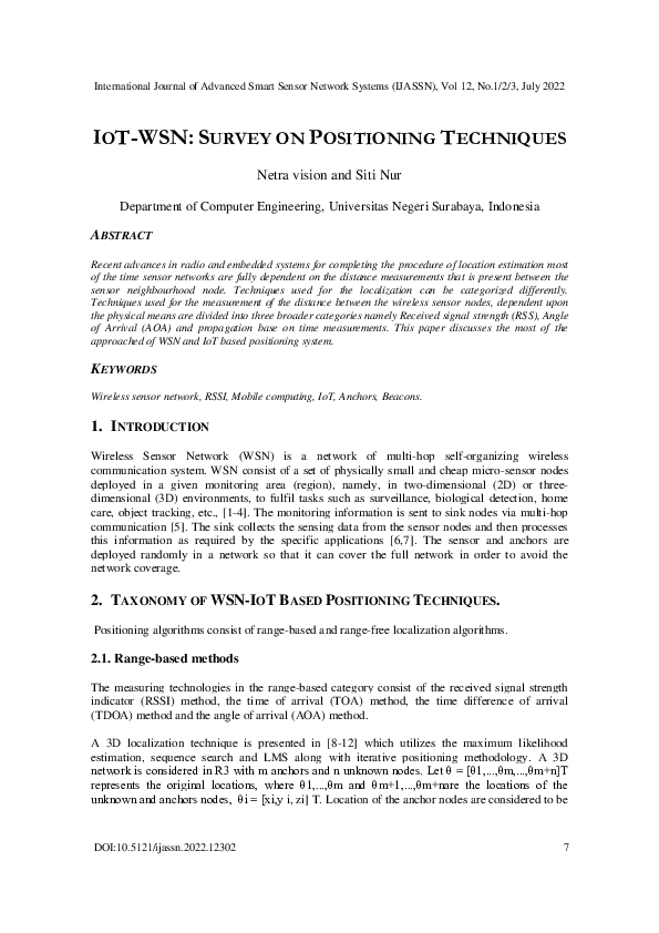 (PDF) IoT-WSN: Survey on Positioning Techniques