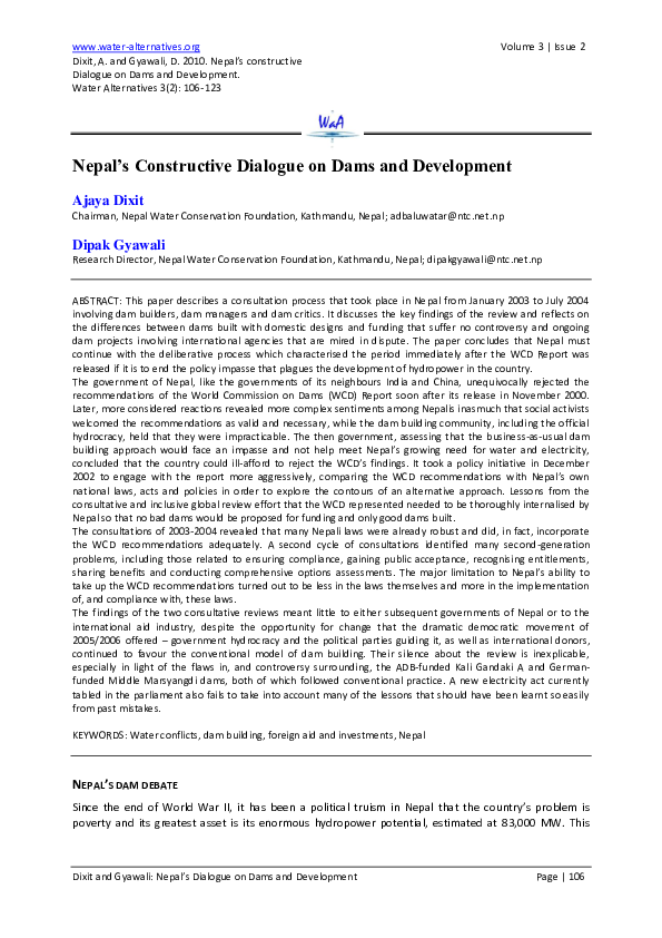 (PDF) Nepal's constructive dialogue on dams and development