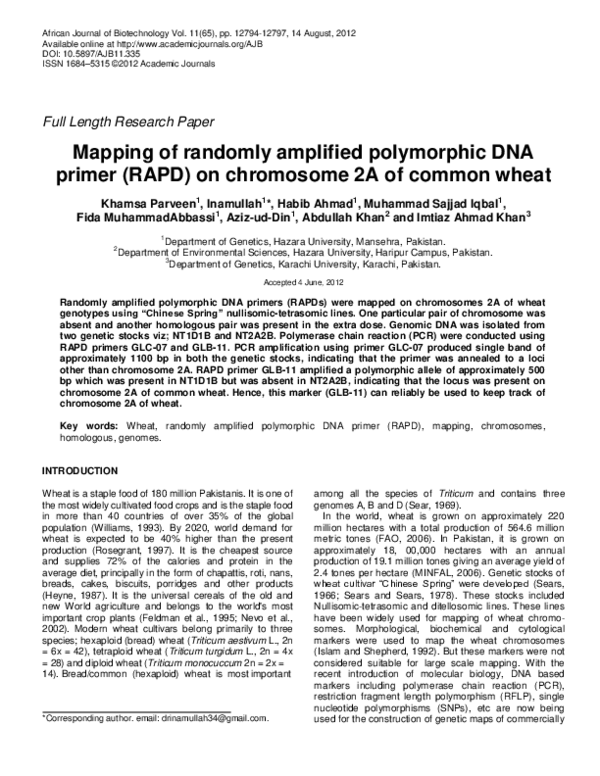 (PDF) Mapping of randomly amplified polymorphic DNA primer (RAPD) on ...