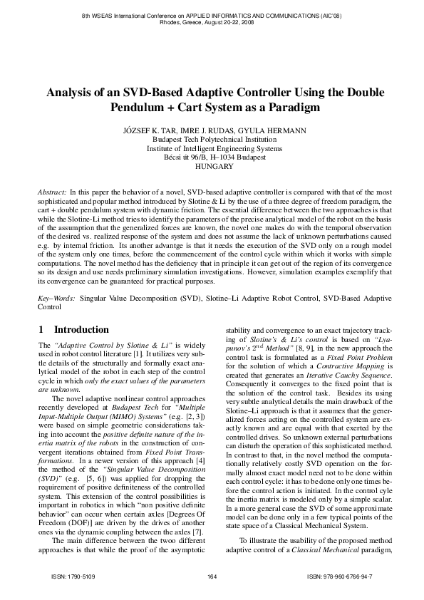 (PDF) Analysis of an SVD-based adaptive controller using the double pendulum+ cart system as a ...