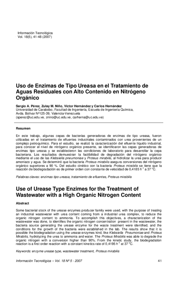 (PDF) Uso de Enzimas de Tipo Ureasa en el Tratamiento de Aguas ...