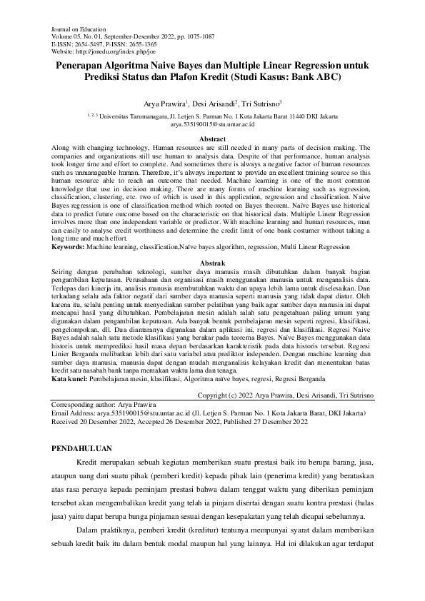 (PDF) Penerapan Algoritma Naive Bayes dan Multiple Linear Regression Untuk Prediksi Status dan ...