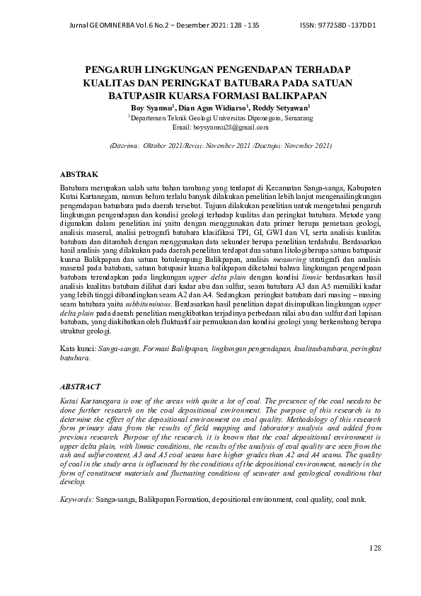 (PDF) Pengaruh Lingkungan Pengendapan Terhadap Kualitas Dan Peringkat Batubara Pada Satuan ...