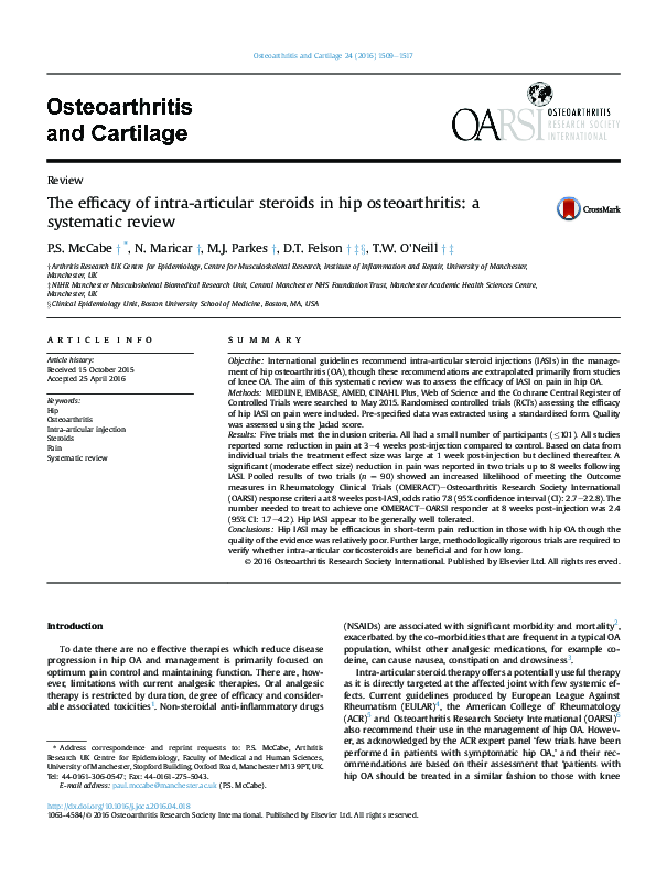(PDF) The efficacy of intra-articular steroids in hip osteoarthritis: a ...