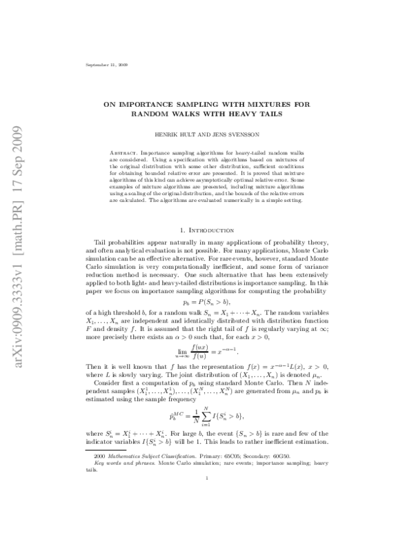 (PDF) On importance sampling with mixtures for random walks with heavy tails