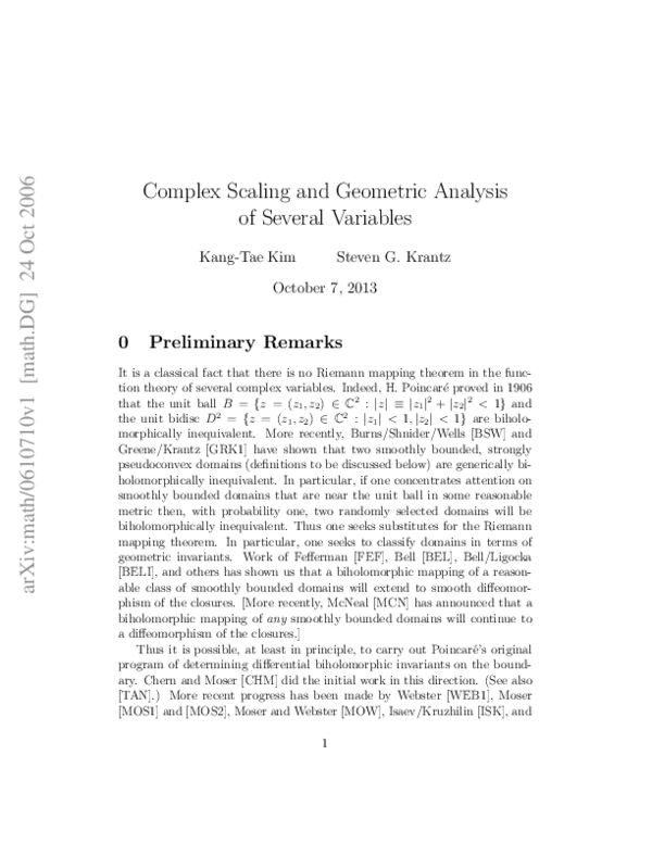 (PDF) Complex Scaling and Geometric Analysis of Several Variables