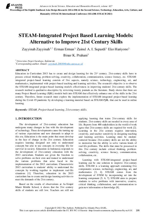 (PDF) STEAM-Integrated Project Based Learning Models: Alternative to Improve 21st Century Skills