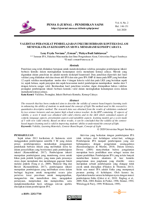 (PDF) Validitas Perangkat Pembelajaran Inkuiri Berbasis Konteks Dalam Meningkatkan Kemampuan ...