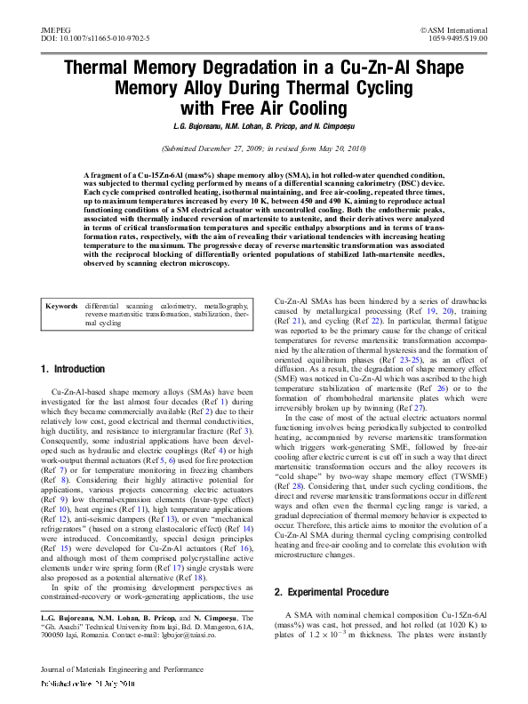 (PDF) Thermal Memory Degradation in a Cu-Zn-Al Shape Memory Alloy During Thermal Cycling with ...