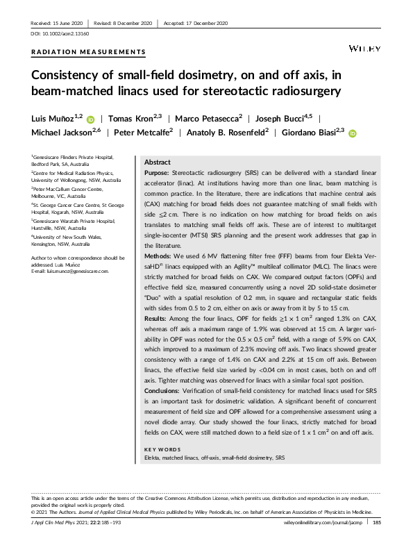(PDF) Consistency of small‐field dosimetry, on and off axis, in beam ...