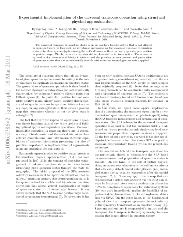 (PDF) Experimental implementation of the universal transpose operation