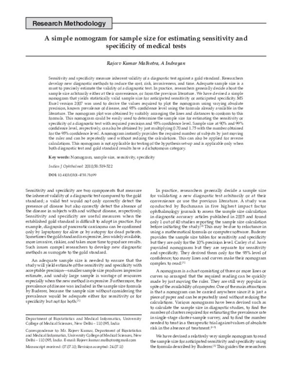 (PDF) A simple nomogram for sample size for estimating sensitivity and ...