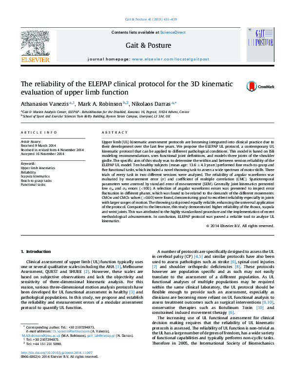 (PDF) The reliability of the ELEPAP clinical protocol for the 3D kinematic evaluation of upper ...