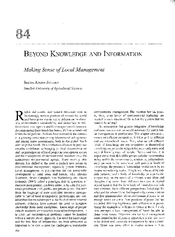 (PDF) Beyond Knowledge and Information: Making Sense of Local Management