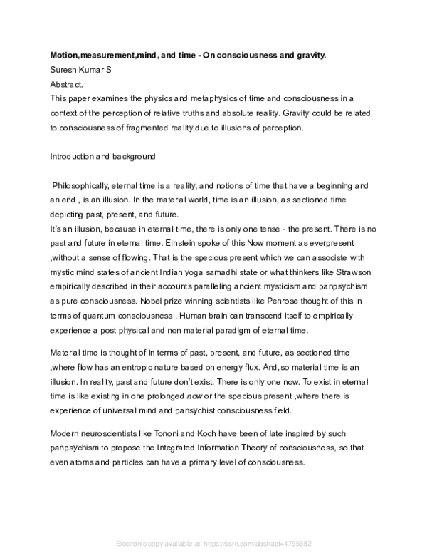 (PDF) Motion,measurement,mind, and time - On consciousness and gravity