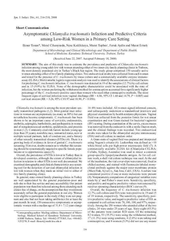 (PDF) Asymptomatic Chlamydia trachomatis infection and predictive ...