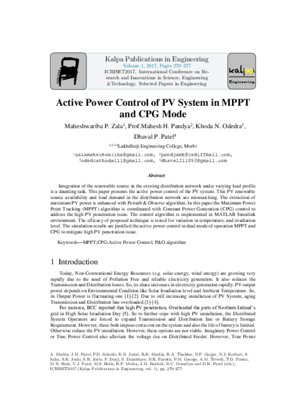 (PDF) Active Power Control of PV System in MPPT and CPG Mode