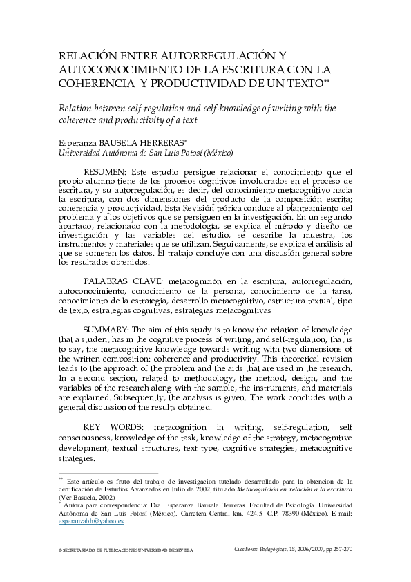 (PDF) Relación Entre Autorregulación y Autoconocimiento De La Escritura ...