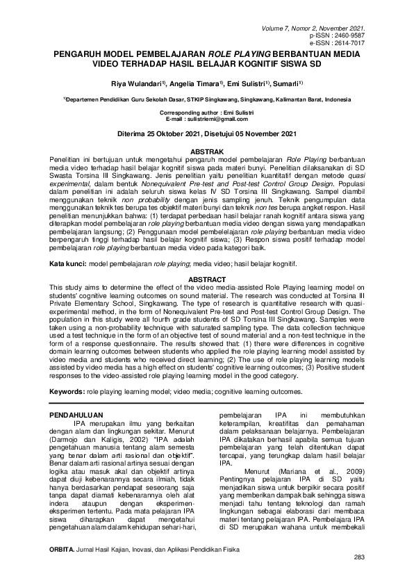 (PDF) Pengaruh Model Pembelajaran Role Playing Berbantuan Media Video Terhadap Hasil Belajar ...