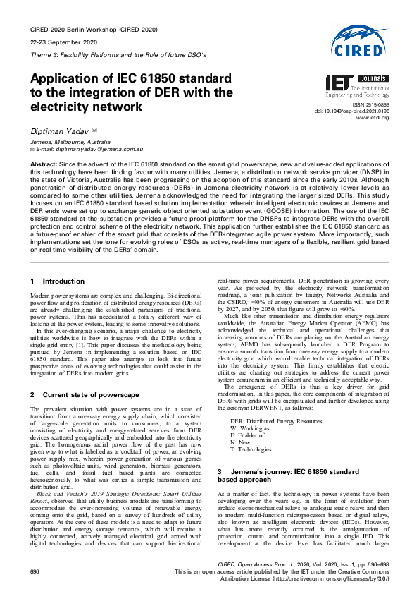 Pdf Application Of Iec 61850 Standard To The Integration Of Der With The Electricity Network