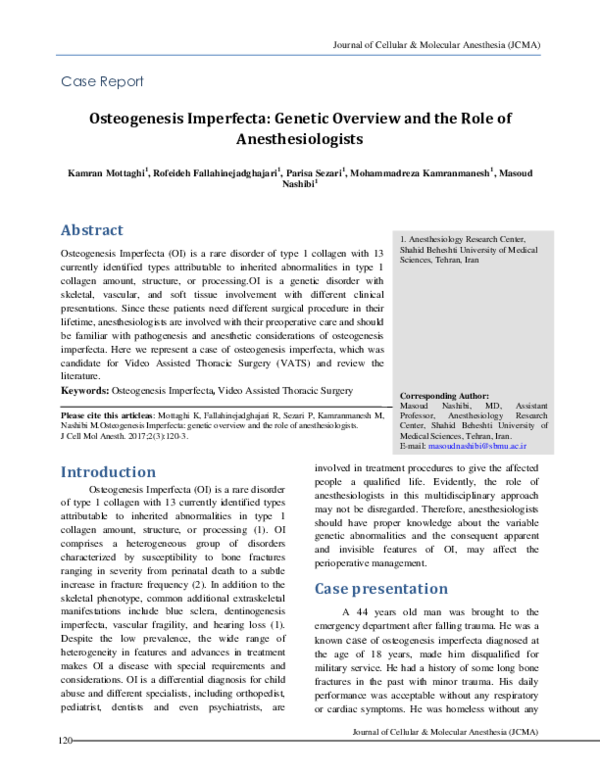 (PDF) Osteogenesis Imperfecta: Genetic Overview and the Role of Anesthesiologists