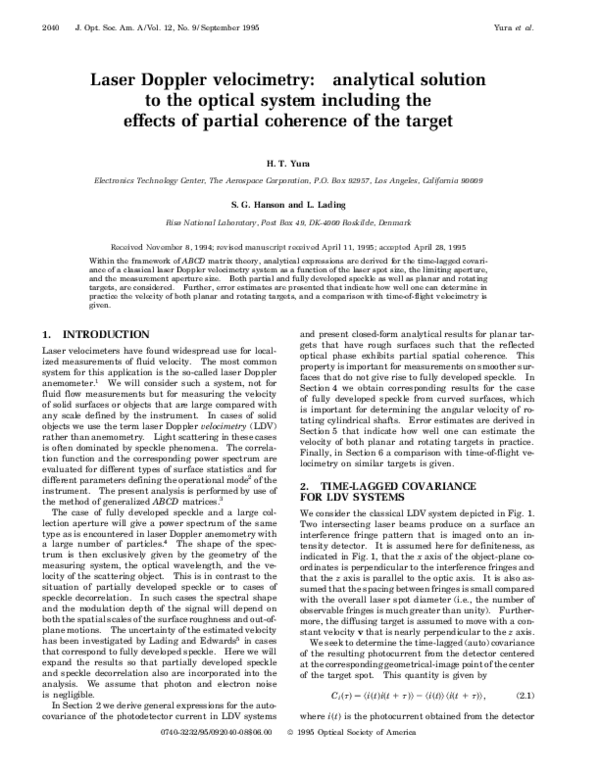 (PDF) Laser Doppler Velocimetry: Analytical Solutions of the Optical System Including the ...