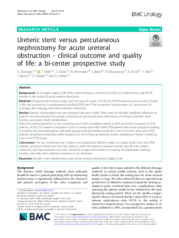 (PDF) Ureteric stent versus percutaneous nephrostomy for acute ureteral ...