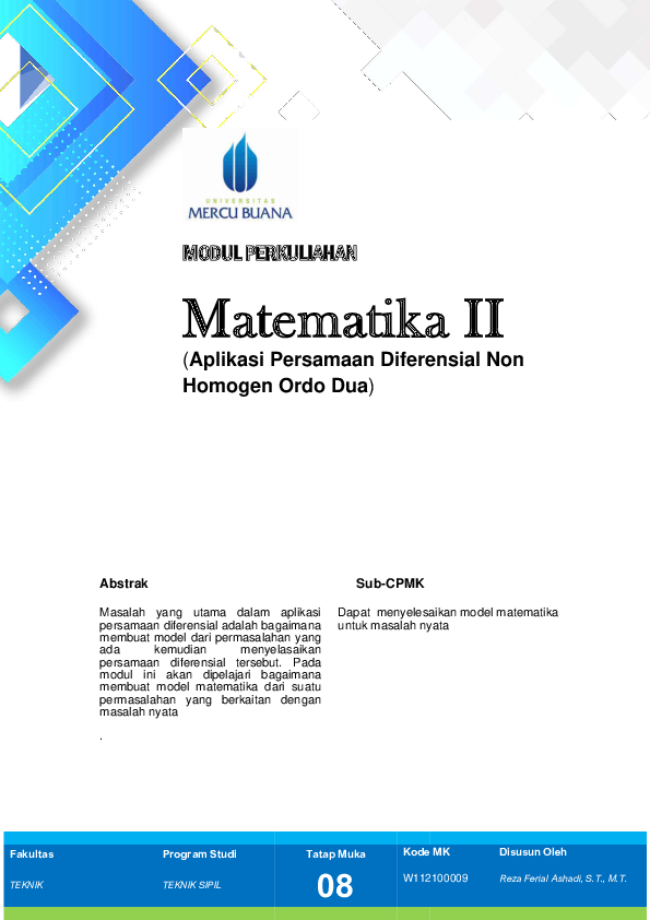(PDF) Modul 08 MTK-2 Aplikasi Persamaan Diferensial Non Homogen Ordo Dua