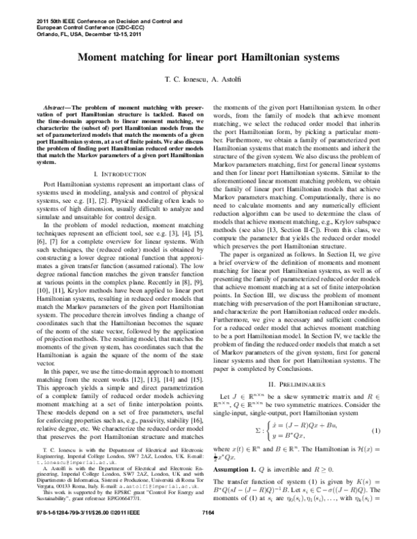 (PDF) Moment Matching for Port Hamiltonian Systems